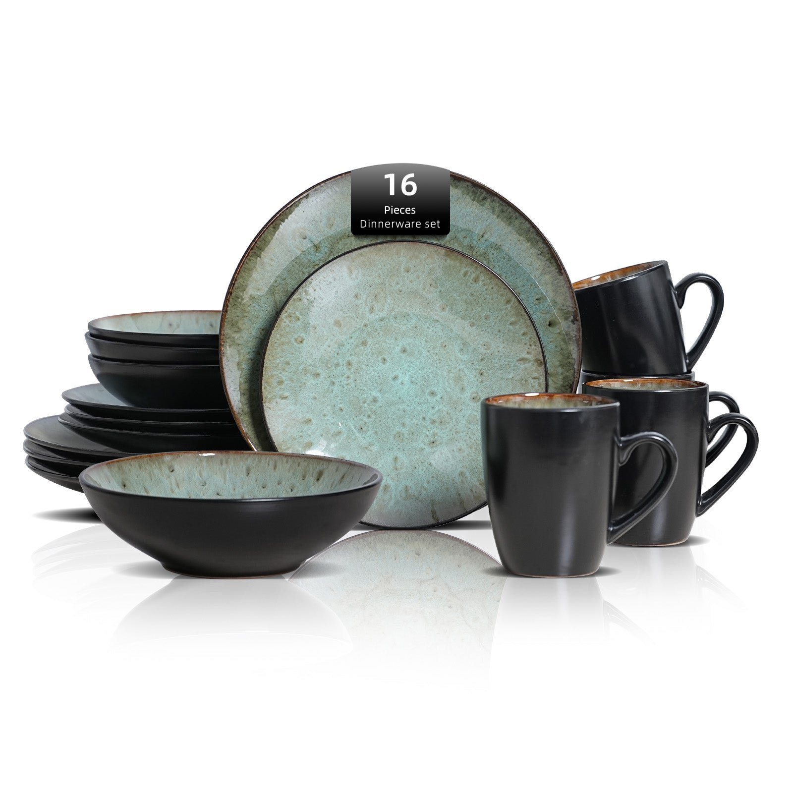 Reactive Glaze Stoneware Dinnerware Set with Mugs, Coupe Shape